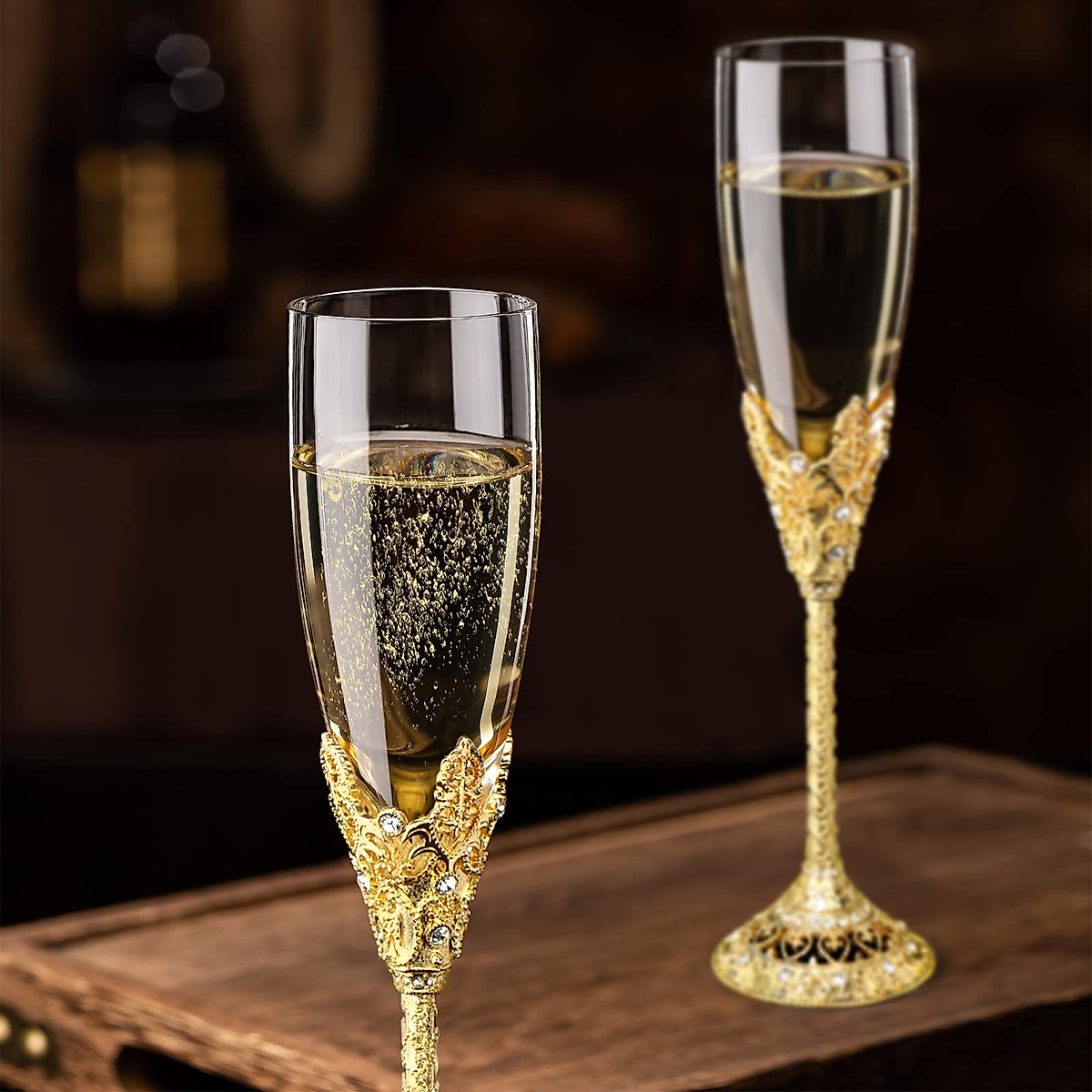 Jozen Gift Gold Champagne Flutes - Crystal Glasses&Metal Base With Crystal Stone, Set of 2 Toasting Flute Pair, Wedding Anniversary, Party Birthday Banquets Gifts for Bride and Groom 6 oz