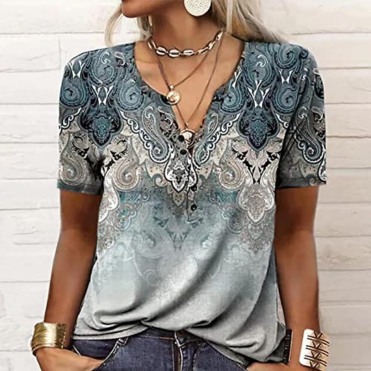 SMIDOW Trendy Summer Tops for Women 2023 Casual Loose Fit Short Sleeve v Neck Shirts Ethnic Style Graphic Tees Blouse