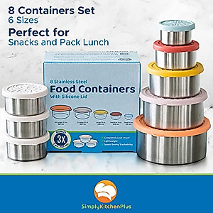 Deluxe 8-Pack Stainless Steel Food Containers - Complete Meal Prep Container Set with Leakproof Silicone Lids - Reusable and Stackable Stainless Steel Lunch Box for Adult Bento Box Set