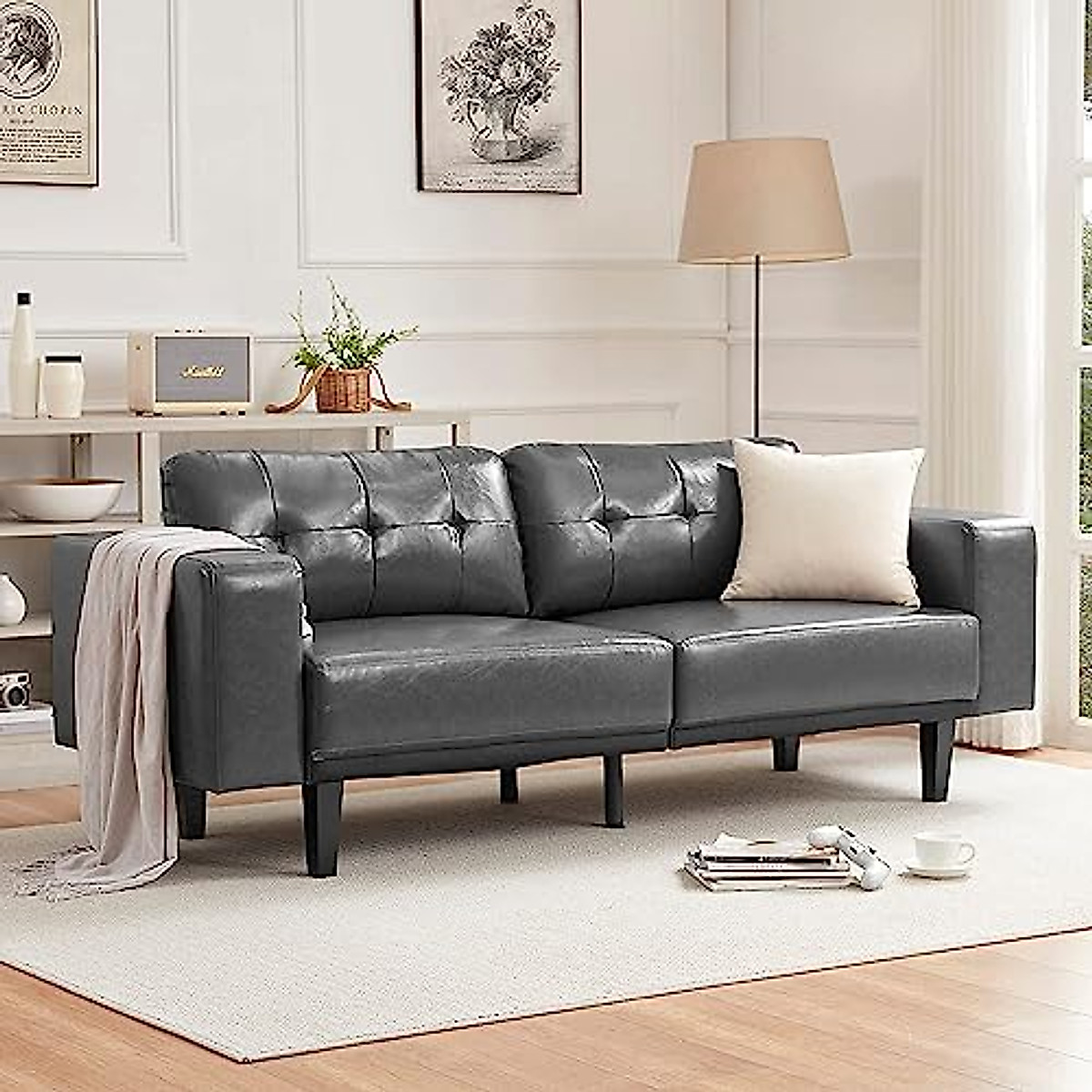 AYEASY Faux Leather Sofa, 79" W Mid Century Modern Couch, Oversized Loveseat Large Classic Living Room Sofa, Deep Seated Leather Sofa with Solid Wood Legs for Bedroom Office Apartment, Grey