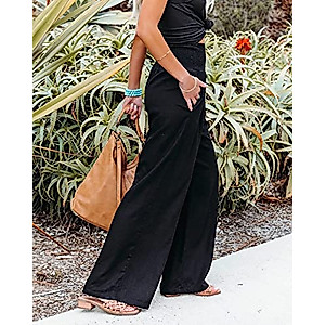 ERTUPE Women's Linen Palazzo Pants Boho Wide Leg High Waist Lounge Pant Elastic Casual Loose Solid Trousers with Pockets A-Black