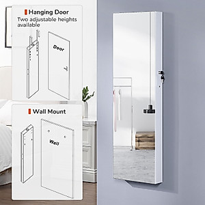 GISSAR Jewelry Organizer Full Length Mirror Jewelry Cabinet Standing/Wall/Hanging Door Jewelry Armoire Storage with Lights, Lockable, White