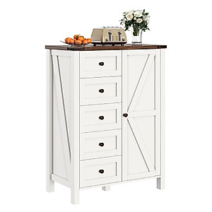 DWVO 5 Drawer Dresser - Farmhouse Chest of Drawers for Bedroom, 46" Tall Modern Dresser Cabinet with Barn Doors, Wood Storage Organizer for Living Room, Hallway, Closet, White