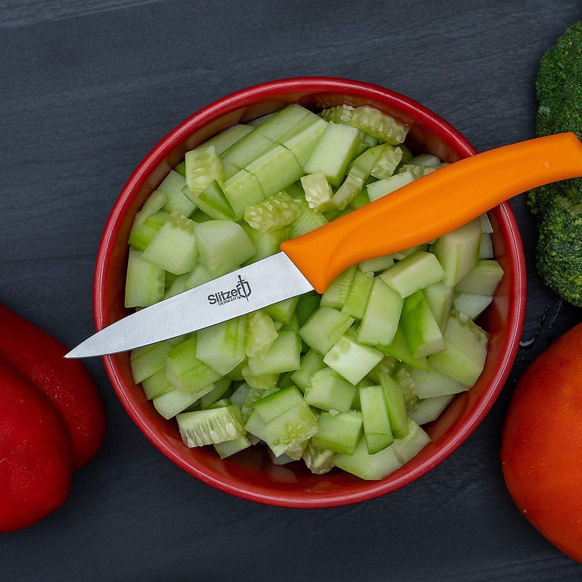 Slitzer Germany 4-Piece Paring Knife Set, 3 1/2 Inch Blade, German Stainless Steel, Colored Handles, Red, Yellow, Green, Orange