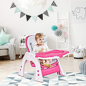 Costzon Baby High Chair, 3 in 1 Infant Table and Chair Set, Convertible Booster Seat with 3-Position Adjustable Feeding Tray, Adjustable Seat Back, 5-Point Harness (Pink)