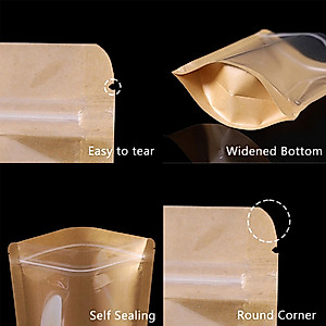 150pcs Kraft Bags With Window Clear Front 10”×14”,7”×10”,4.7”×7.8 ” Resealable Stand Up Zip Lock Craft Food Bags Zipper Brown Paper Pouches