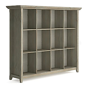 SIMPLIHOME Acadian SOLID WOOD 48 inch x 57 inch Transitional 12 Cube Storage in Distressed Grey with 12 Shelves, for the Living Room, Study and Office