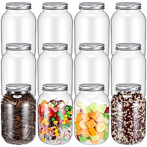 Dandat 12 Pcs 32 oz Clear Plastic Jars with Metal Lids 1 Quart Size Wide Mouth Candy Storage Food Containers for Home Meal Preparation, Salad, Fermenting, Valentine DIY Decoration Favors