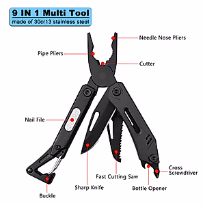 XGIZMOO Multi Tool Pocket Knife 9-in-1 Multipurpose Gadgets with Pliers, Screwdriver, Saw, Cutter, File, Buckle, Survival Gear With Nylon Sheath, 30CR13 Steel (Black)