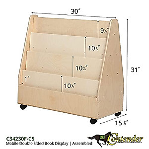 Contender Fully Assembled Double-Sided Book Cart On Wheels, Baltic Birch Book Display Stand, Wood Montessori Bookshelf Organizer For Kids In Natural Finish