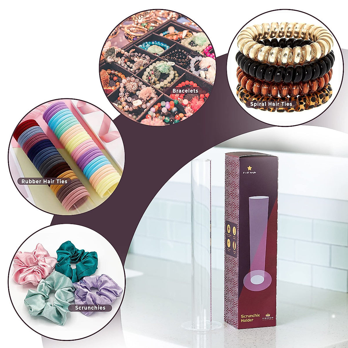 Kingdom Décor Scrunchie Holder Stand, Acrylic Scrunchy Display, 12 Inch Clear Hair Tie Accessories Organizer, Teen Girl Bracelet Organizers, Cute Room Decor for Teen Girls, VSCO Stuff