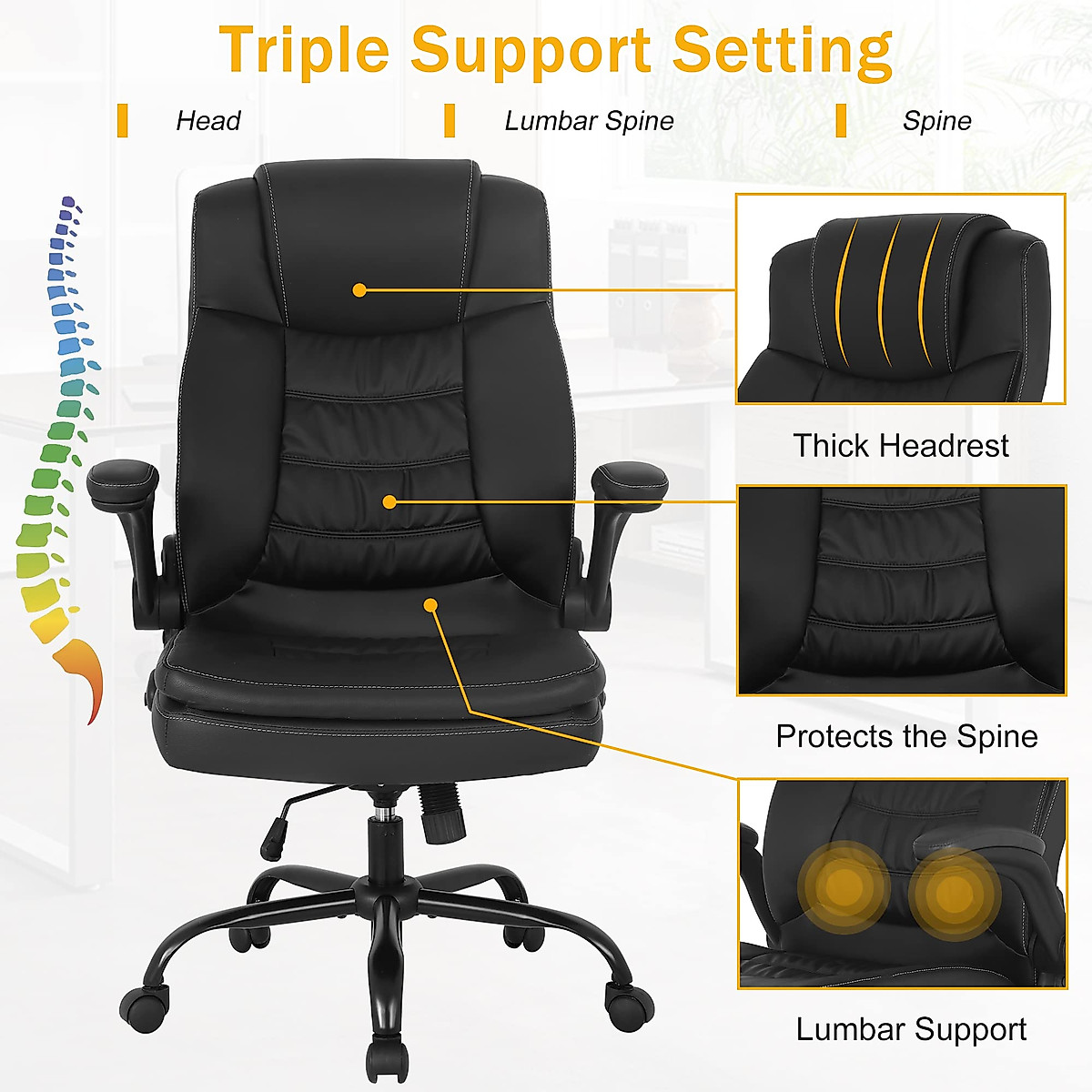 Ergonomic PU Leather Home Office Chair High Back Flip up Armrest Desk Computer Chair Adjustable Height Rolling Swivel Task Chair Modern Executive 250LBS Work Chair w/Lumbar Support for Adults(Black)