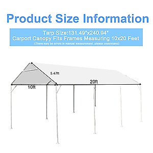 HFYZZ 10 x 20 Ft Heavy Duty Carport Replacement Canopy Cover Waterproof & UV Protected Garage Top Shelter Tarp Tent Cover with 44 Ball Bungees Cords, Only Top Cover, White