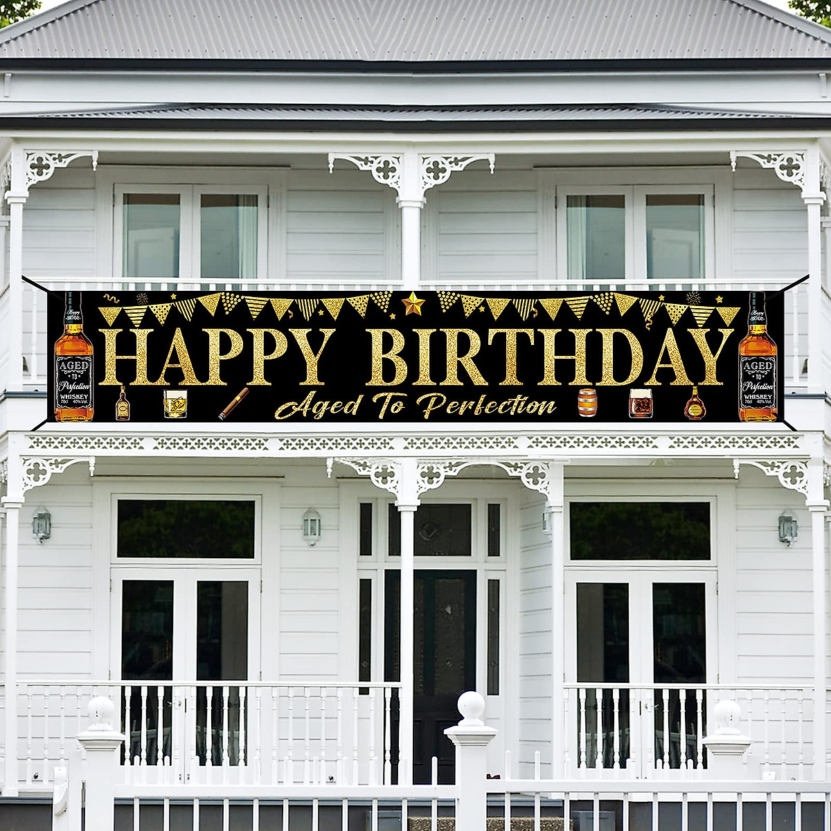 Whiskey Birthday Banner Decorations for Men, Large Black Gold Aged to Perfection Birthday Yard Banner Sign Party Supplies, Whiskey Themed Happy Birthday Photo Booth Props Decor for Indoor Outdoor