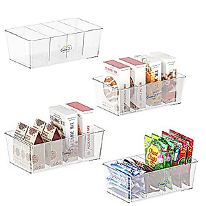 CocinaZ KATTOL Clear Storage Bins – Stackable Storage Bins with Removable Dividers –Clear Organizing Bins for Food Storage, Fridge, Kitchen, Pantry –4-Compartment Clear Plastic Storage Bin (4 Pack)