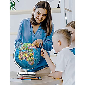 Waldauge Illuminated World Globe with Stand, 9" Earth Globes with Stable Heavy Metal Base for Kids Classroom Learning, LED Constellation Globe Night Light with HD Printed Map
