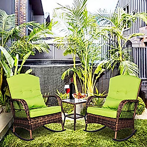 ENSTVER 3 Pieces Patio Conversation Set w/ 2 Rattan Wicker Rocking Chairs and Glass Table,for Garden Backyard Lown Porch (Green)