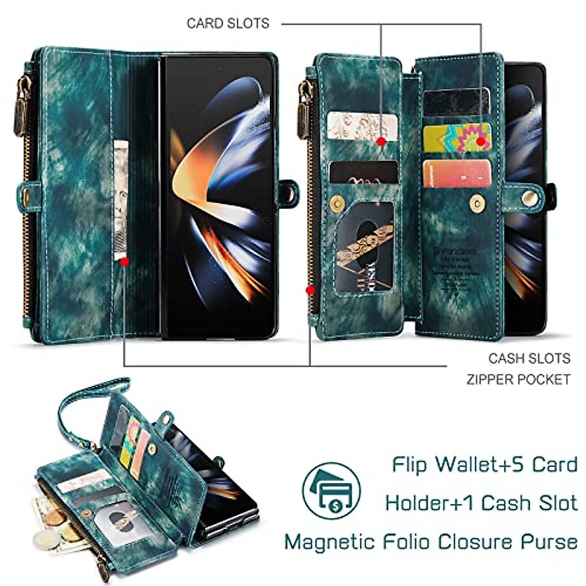 Defencase Wallet Case Compatible with Samsung Galaxy Z Fold 4 with Card Holder PU Leather Magnetic Snap Flip Zipper Strap Phone Case Fit for Galaxy Z Fold 4, Fashion Blue