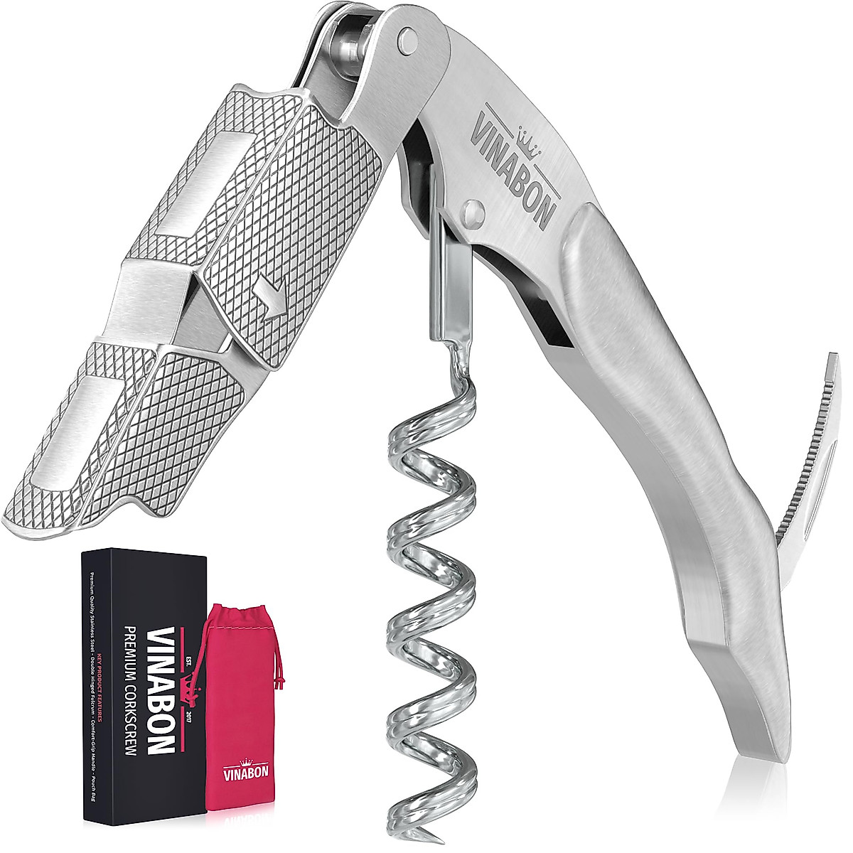 VINABON Waiters Corkscrew Wine Opener - Professional Quality 3-in-1 Stainless Steel Wine Key with Beer Opener for Servers and Bartenders - Manual Simple Wine Bottle Opener. Includes WineGuide Ebook