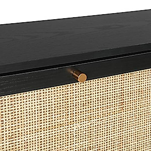 SSLine Shoe Cabinet with 3 Flip Down Storage Shelves Free-Standing Wide Shoe Rack Modern Black Wood Shoe Storage Cabinet Organizer with Rattan Decor,Drawer& Side Cupboard for Entryway Hallway Doorway