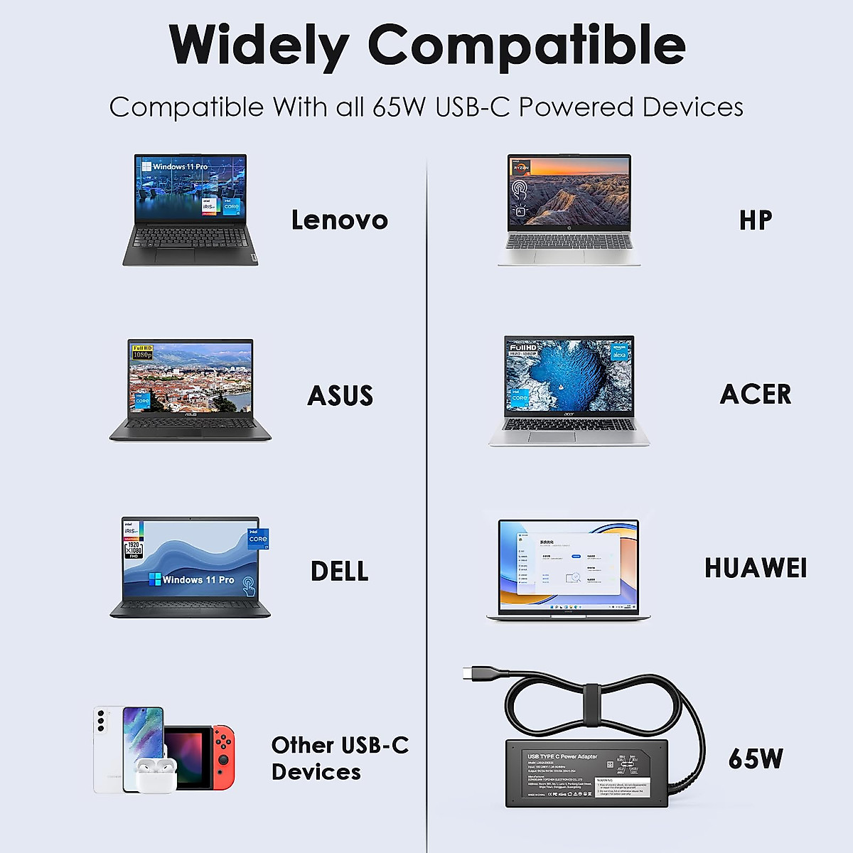 Replacement for Dell Laptop Charger USB C 65W for Dell Latitude 5420 5520 5320 7420 7430 7370 7275 7285 7330 5330 5430 9430 7410 5285 5290 5301 7520 7210 XPS 13 7390 Type C Laptop Charge