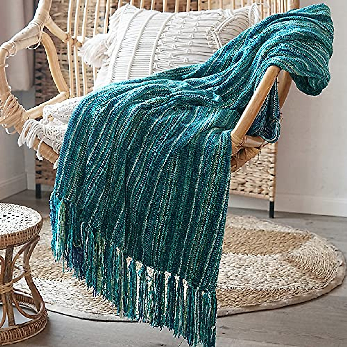 LEXAREY Rustic Farmhouse,Boho Style,Red Chenille Knitted,Home Decorative Bed Throw Blanke with Tassels,Lightweight Soft Cozy Woven Blanket for Chair,Couch,Picnic,Camping, Beach,50x60 Inch (Green)