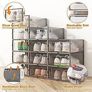 Fixwal XL-Large Shoe Storage Box, 12 Pack, Clear Plastic Organizers for Closet, Stackable, 13.2 x 10.1 x 6.42 Inch