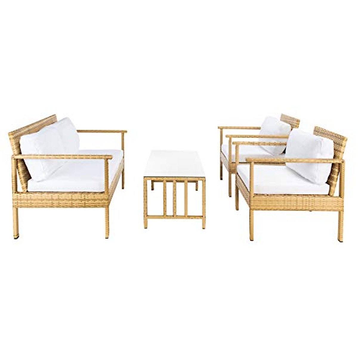 Safavieh Outdoor Collection Garnen Wicker Cushion 4-Piece Living Set PAT7714D, Natural/White
