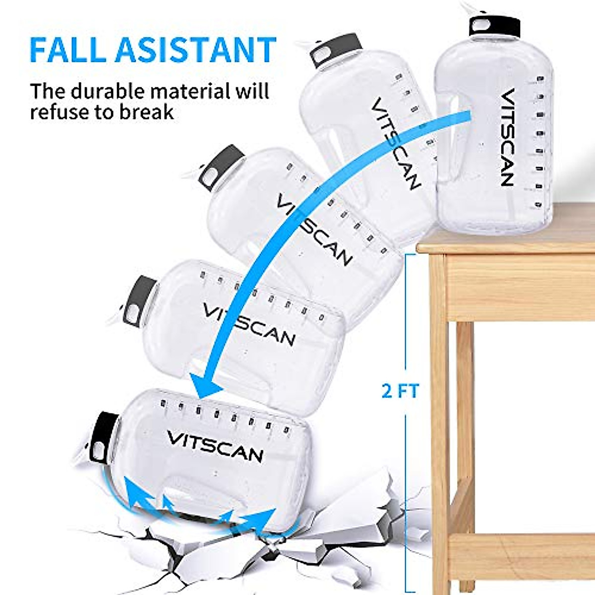 128OZ/1 Gallon Motivational Water Bottle with Time Marker, Large Jug for Sports, Two Handles BPA Free (white)