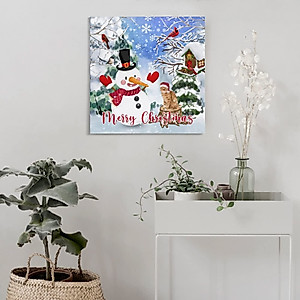 Snowman And Pet Cat Let It Snow Canvas Wall Art for Corridor, Christmas Decorations Modern Relax Prints Artwork Aisle Kitchen Bedroom Decor Waterproof, Ready to Hang 16x16 Inch
