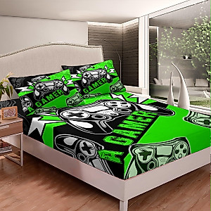 Erosebridal Gamer Bedding Sets for Boys Girls Kids,Gamepad Gaming Sheets Full Size Modern Game Room Decor,Games Console Fitted Sheet Black Green Bedroom Decor with 2 Pillowcases