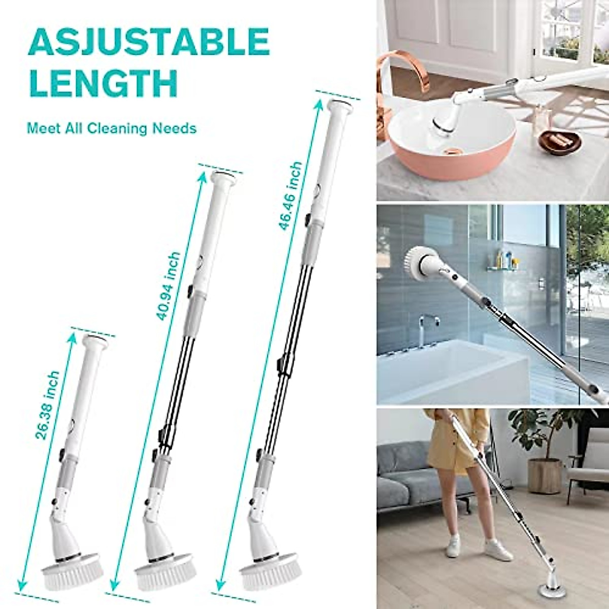 Electric Spin Scrubber, Cordless Electric Cleaning Brush with 5 Replaceable Brush Heads Adjustable Extension Handle, Power Shower Scrubber for Tub, Tile, Floor, Sink and Glass