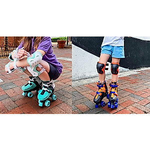 Lenexa Go GRO Adjustable Quad Roller Skate Bundle – Kids Roller Skates with Wrist Guards, Knee Pads, Elbow Pads, and Matching Backpack - Black, Orange, Adjustable Medium (12J to 2)