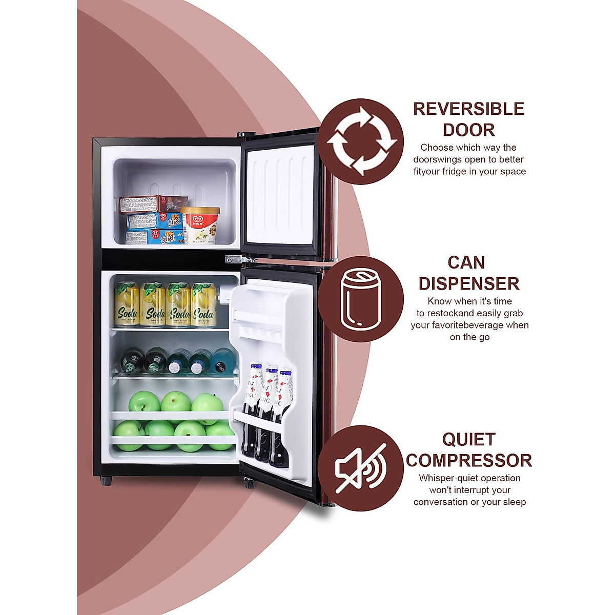 KRIB BLING Mini Fridge With Freezer,3.5 Cu. Ft Compact Refrigerator With 2 Doors,7- Level Adjustable Thermostat, Removable Glass Shelves For Bedroom, Office, Kitchen, Apartment, Dorm,Wood