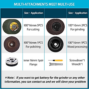 Angle Grinder, 4inch Cordless Angle Grinder with 9 Grinding Wheels,12000RMP 18V/21V Power Grinder, Cutting/Deburring/Derusting Grinder Tool (No Battery)