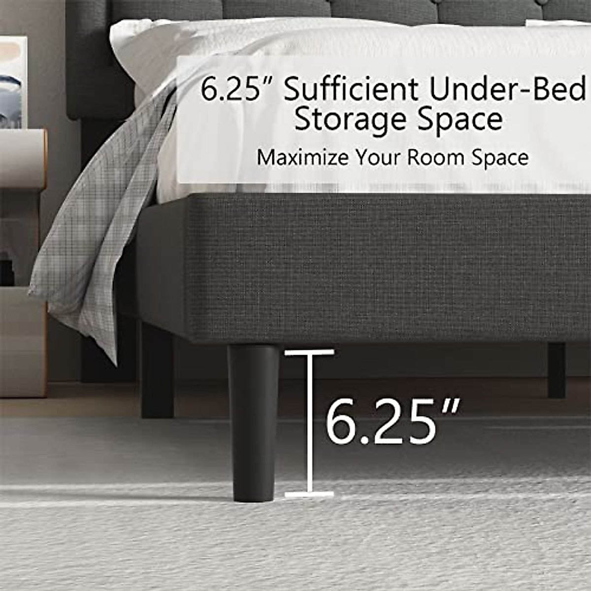 UNIZONE Queen Upholstered Bed Frame with Headboard, Tufted Platform Bed with Button Headboard, Wood Slats Support, Mattress Foundation, No Box Spring Needed, Easy Assembly, Modern, Linen, Dark Gray