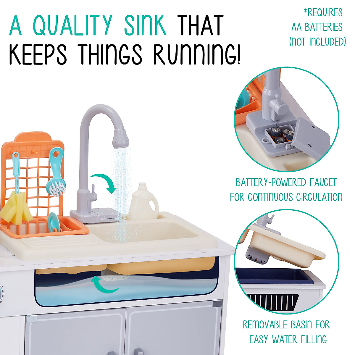 Lil' Jumbl Jumbl Kids Wooden Kitchen Set, Pretend Working Sink with Real Running Water, includes Range Hood, Microwave & Stove Top That Make Realistic Sound & Light, Full Accessory Set Included