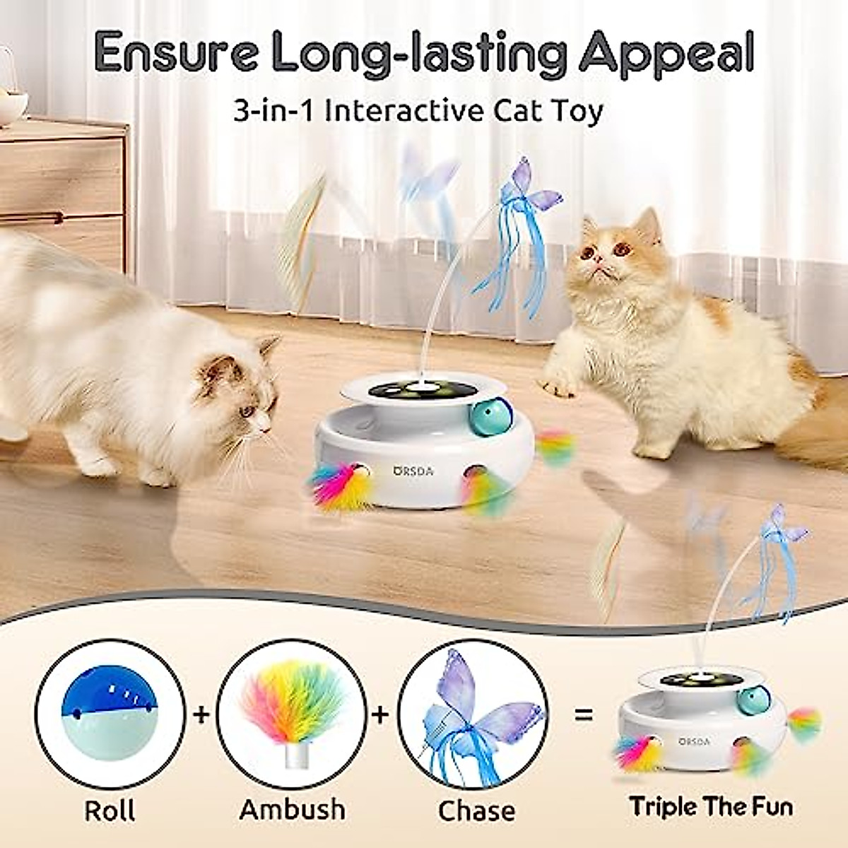 ORSDA 3-in-1 Cat Toys Rechargeable, Interactive Cat Toys for Indoor Cats Automatic Kitten Toy, Moving Ambush Feather, Fluttering Butterfly Toy, Track Balls, Whack a mole Cat Teaser with 6 Attachments