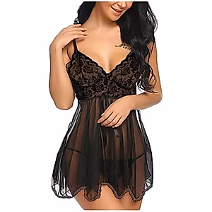 Youmymine Women Lace Lingerie Babydoll Nightgown Sexy V Neck Nightwear Chemise Nightie Backless Pajamas (Black, M)