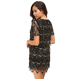 VVMCURVE Women's Sequin Fringe 1920 Short Prom Dress Sequins Art Deco Cocktail Gatsby Party Dress with Short Sleeve (Large, Black)