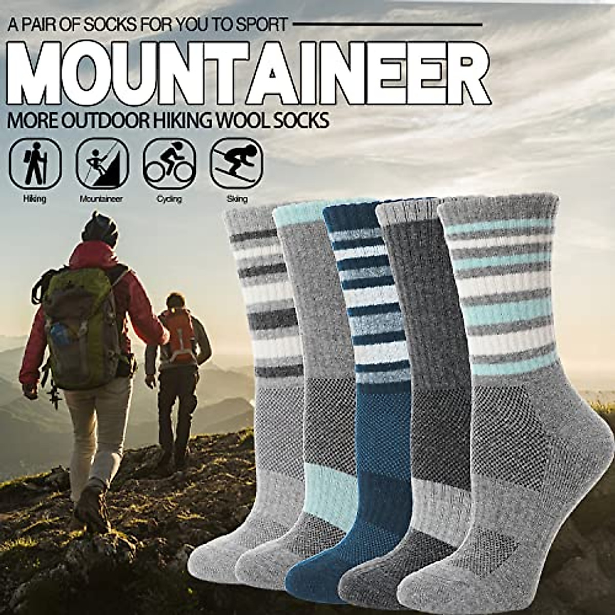 EBMORE Womens Merino Wool Hiking Socks Thermal Warm Winter Boot Crew Cushion Work Gift Socks 5 Pairs(Striped-B)