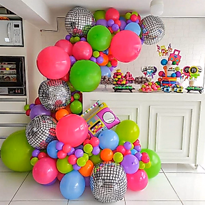 Back to 80s 90s Party Decorations, 124Pcs Disco Balloon Garland Arch Kit, Disco Radio Foil Balloon Hot Pink Green Purple Blue Orange Balloons for Retro Party Decorations Hip Hop Rock Photo Props Backdrop