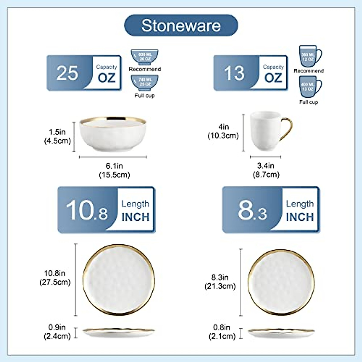 LOVECASA Stoneware Dish Set for 4, Handmade Plates and Bowls Sets, 16 PCS White and Gold Dinnerware Sets, Dishwasher Safe