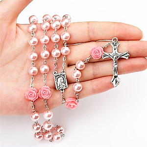 Catholic Rosary Pink Pearl Beads Necklace for Women First Communion Rosary for Women Our Rose Lourdes Medal and Cross Rosary Necklace