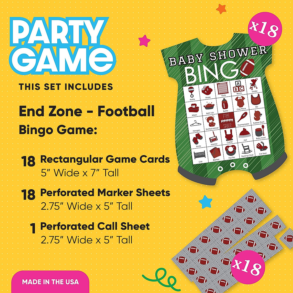 Big Dot of Happiness End Zone - Football - Picture Bingo Cards and Markers - Baby Shower Shaped Bingo Game - Set of 18