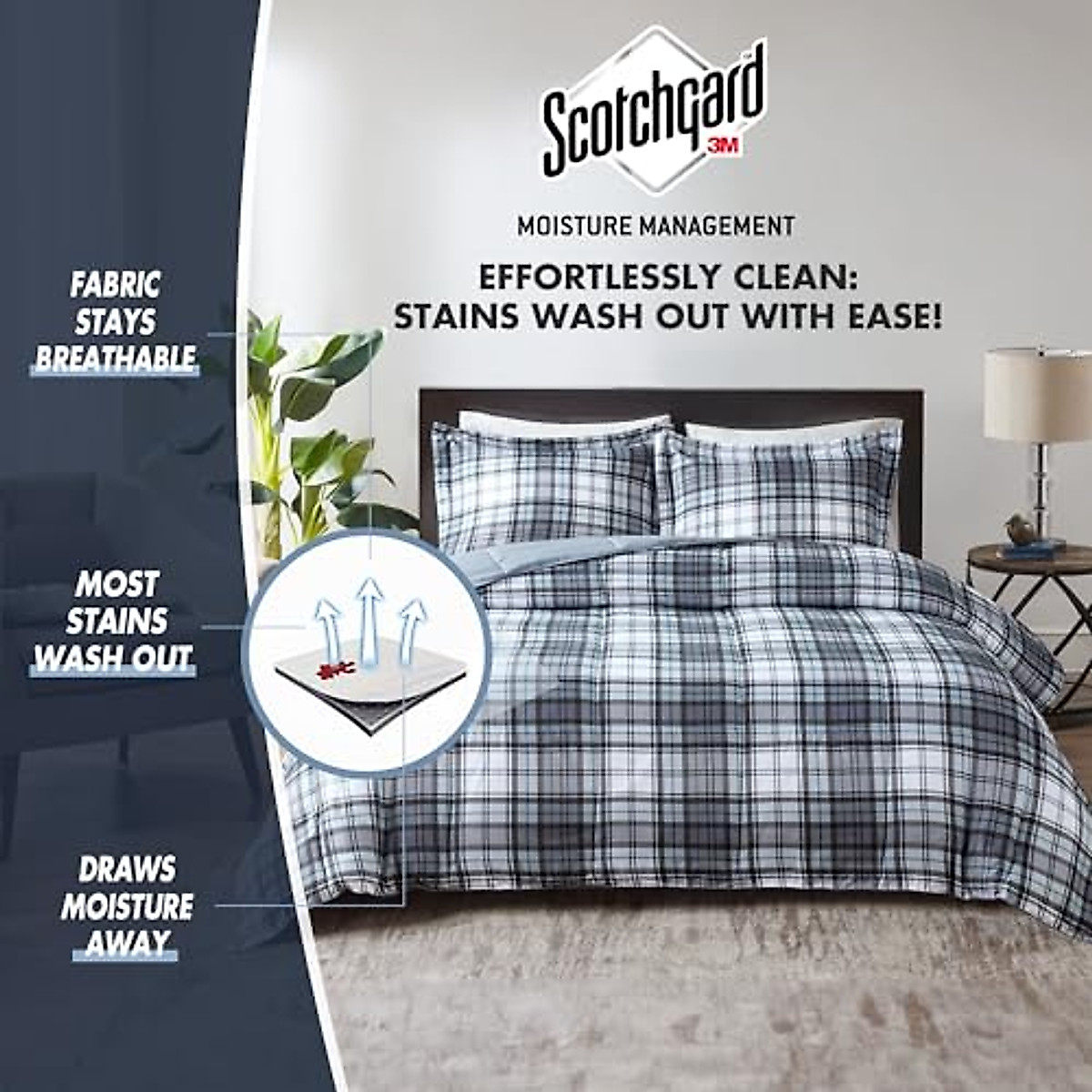 Madison Park Essentials Parkston Plaid Comforter, Matching Sham, 3M Scotchguard Stain Release Cover, Hypoallergenic All Season Bedding-Set, Twin/TwinXL, Grey, 2 Piece