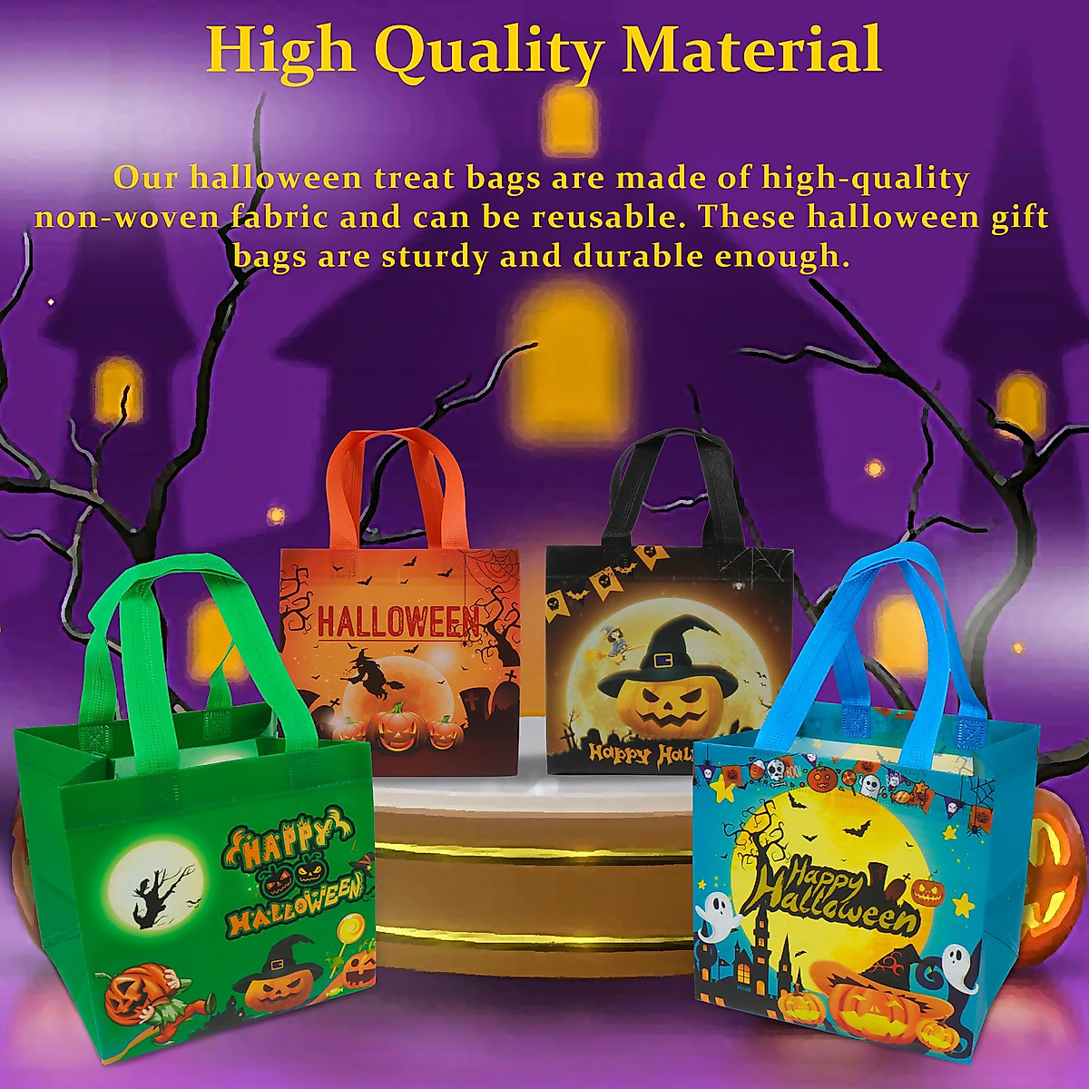 Halloween Trick or Treat Bags, Halloween Candy Tote Bags with Handles, Reusable Halloween Non-Woven Gift Bags for Halloween Party Supplies Favors