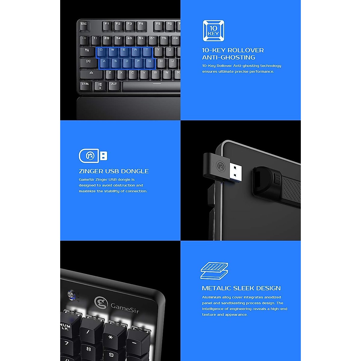GameSir GK300 Wireless Mechanical Gaming Keyboard 2.4 GHz + Blutooth Connectivity, 1ms Low Latency, Aluminium Alloy Top Plate, Anti-ghosting for PC/iOS/iPad/Android Smartphone/Laptop and Mac (Renewed)