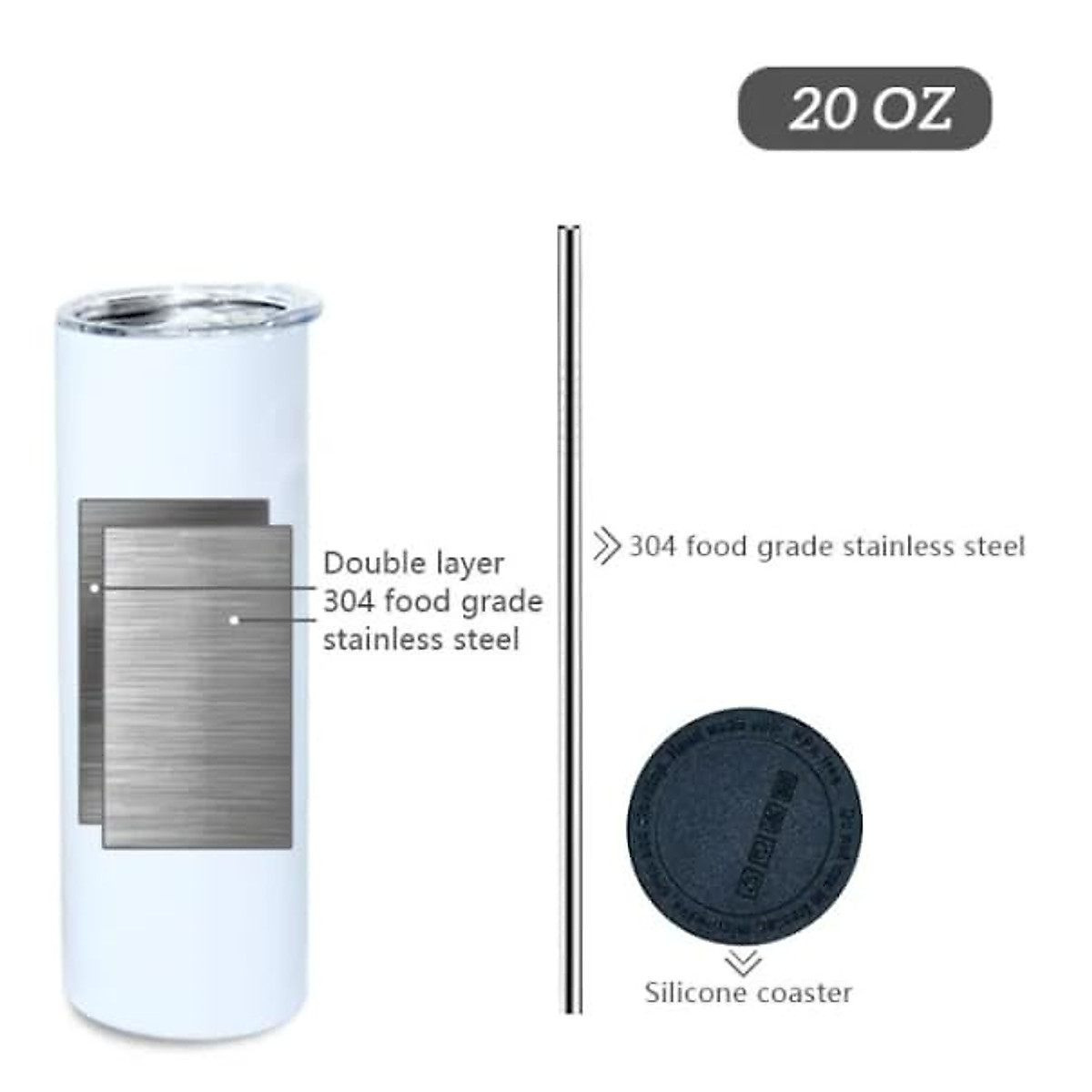 AGH 25 Pack Sublimation Tumbler Blanks with Lid and Stainless Steel Straw,20 OZ Straight Stainless Steel Skinny Straight Sublimation Tumbler Cups, DIY Gift (25PCS-White)