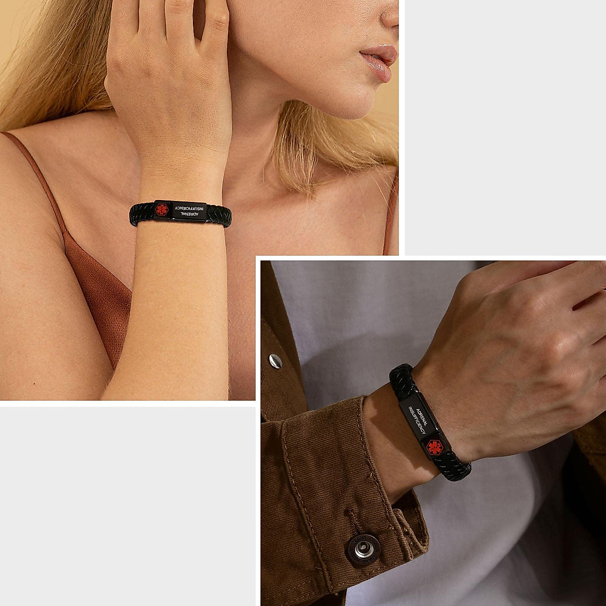 Hisatan Free Custom Engraving Braided Genuine Leather Emergency Medical Alert ID Cuff Bracelet with Sturdy Clasp,Adrenal Insufficiency